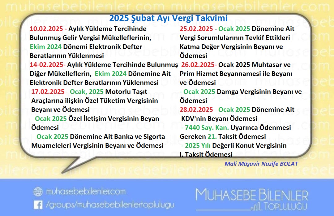 2025 Şubat Ayı Vergi Takvimi - Muhasebe Bilenler Topluluğu