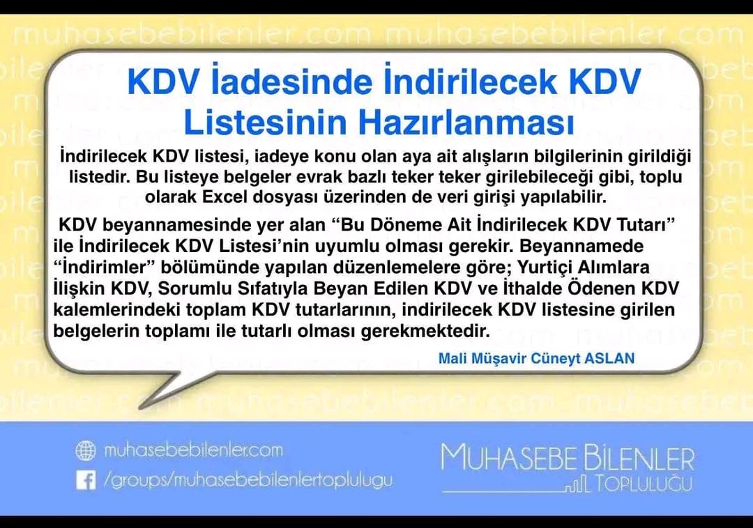 KDV İadesinde İndirilecek KDV Listesinin Hazırlanması Hk. - Muhasebe ...