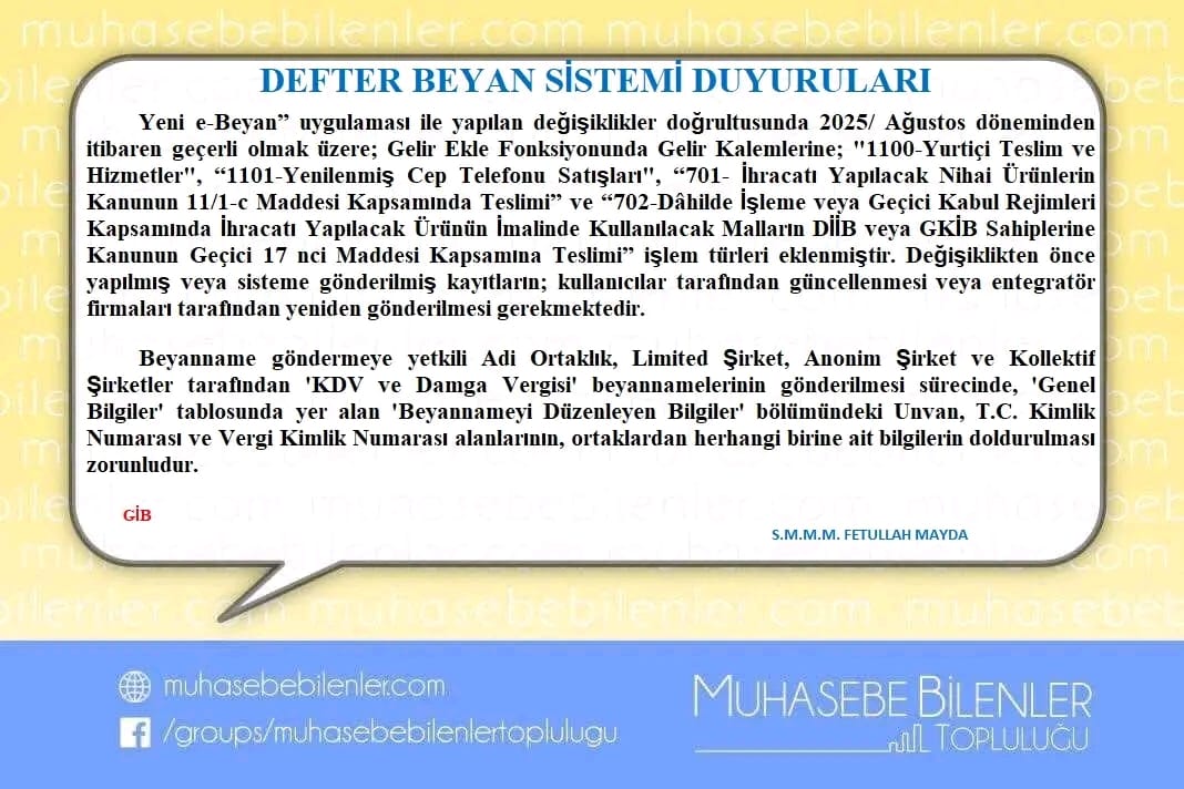 DEFTER BEYAN SİSTEMİ DUYURULARI - Muhasebe Bilenler Topluluğu